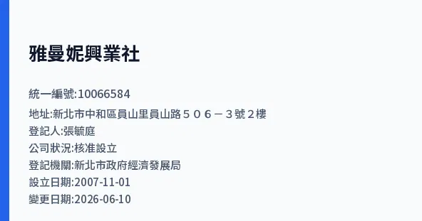 雅曼妮興業社的照片-統編 10066584(新北市) 公司登記資料與營業項目詳細圖表