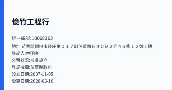 億竹工程行的照片-統編 10068393(苗栗縣) 公司登記資料與營業項目詳細圖表