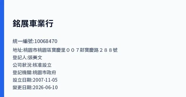 銘展車業行的照片-統編 10068470(桃園市) 公司登記資料與營業項目詳細圖表