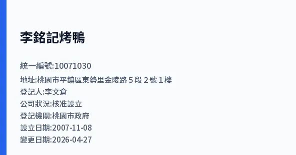 李銘記烤鴨的照片-統編 10071030(桃園市) 公司登記資料與營業項目詳細圖表