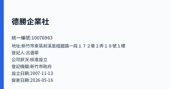 德勝企業社的照片-統編 10076963(新竹市) 公司登記資料與營業項目詳細圖表