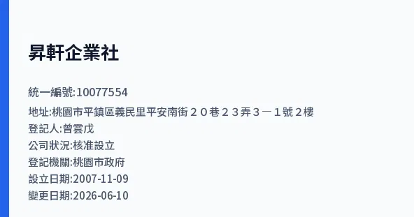 昇軒企業社的照片-統編 10077554(桃園市) 公司登記資料與營業項目詳細圖表