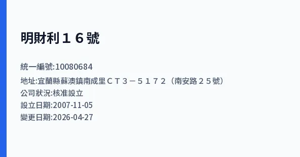 明財利16號的照片-統編 10080684(宜蘭縣) 公司登記資料與營業項目詳細圖表