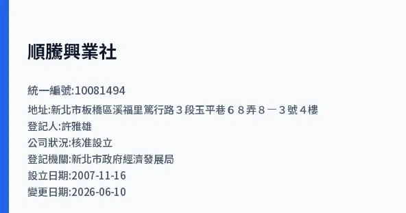 順騰興業社的照片-統編 10081494(新北市) 公司登記資料與營業項目詳細圖表