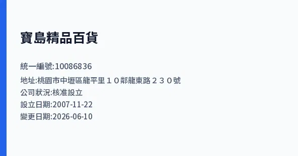 寶島精品百貨的照片-統編 10086836(桃園市) 公司登記資料與營業項目詳細圖表