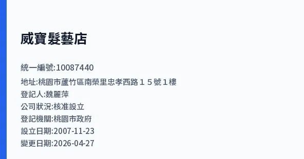 威寶髮藝店的照片-統編 10087440(桃園市) 公司登記資料與營業項目詳細圖表