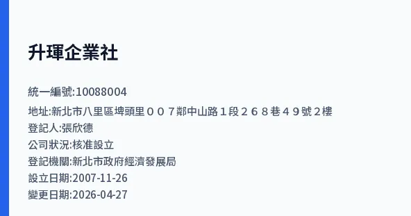 升琿企業社的照片-統編 10088004(新北市) 公司登記資料與營業項目詳細圖表