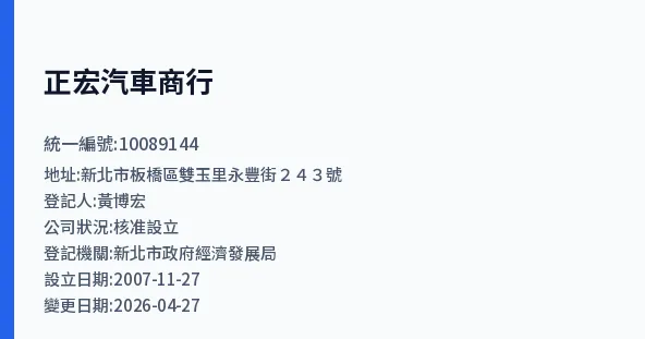 正宏汽車商行的照片-統編 10089144(新北市) 公司登記資料與營業項目詳細圖表