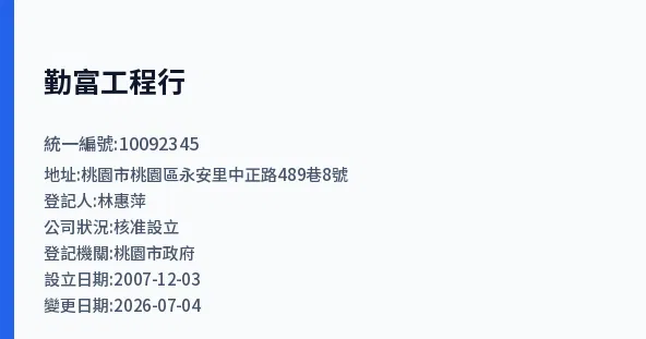 勤富工程行的照片-統編 10092345(桃園市) 公司登記資料與營業項目詳細圖表