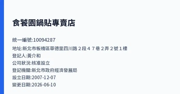 食饕園鍋貼專賣店的照片-統編 10094287(新北市) 公司登記資料與營業項目詳細圖表
