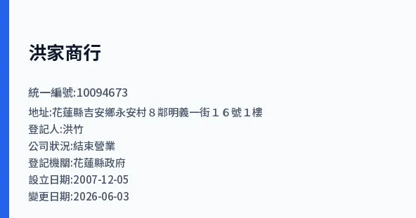 洪家商行的照片-統編 10094673(花蓮縣) 公司登記資料與營業項目詳細圖表