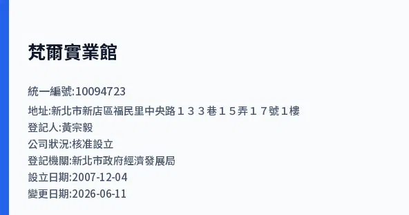 梵爾實業館的照片-統編 10094723(新北市) 公司登記資料與營業項目詳細圖表