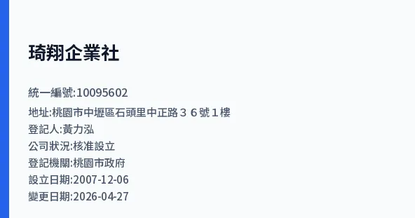 琦翔企業社的照片-統編 10095602(桃園市) 公司登記資料與營業項目詳細圖表