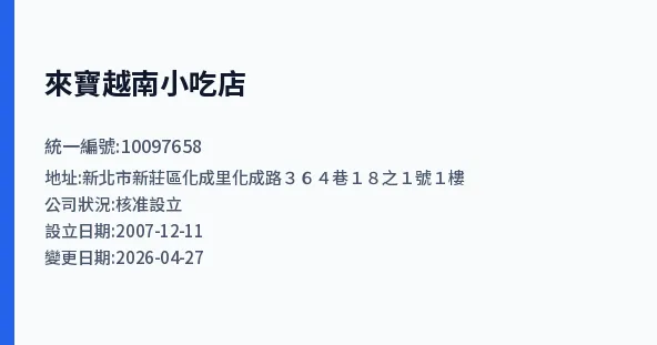來寶越南小吃店的照片-統編 10097658(新北市) 公司登記資料與營業項目詳細圖表