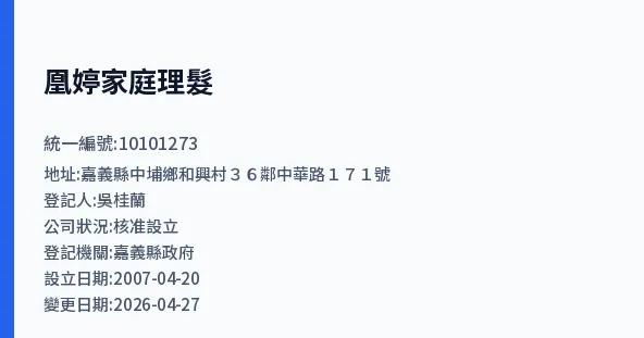 凰婷家庭理髮的照片-統編 10101273(嘉義縣) 公司登記資料與營業項目詳細圖表