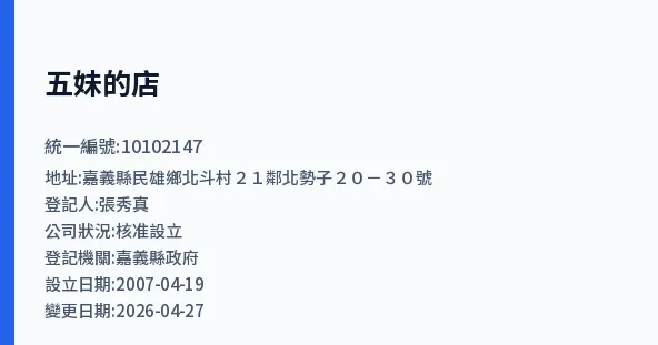 五妹的店的照片-統編 10102147(嘉義縣) 公司登記資料與營業項目詳細圖表