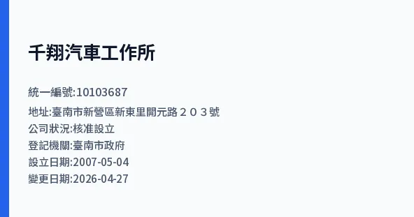 千翔汽車工作所的照片-統編 10103687(臺南市) 公司登記資料與營業項目詳細圖表