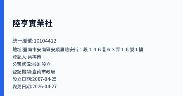 陸亨實業社的照片-統編 10104412(臺南市) 公司登記資料與營業項目詳細圖表