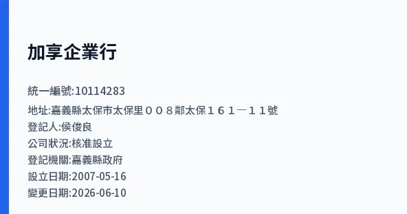 加享企業行的照片-統編 10114283(嘉義縣) 公司登記資料與營業項目詳細圖表