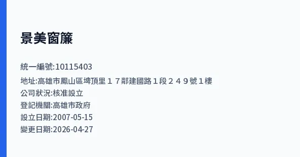 景美窗簾的照片-統編 10115403(高雄市) 公司登記資料與營業項目詳細圖表