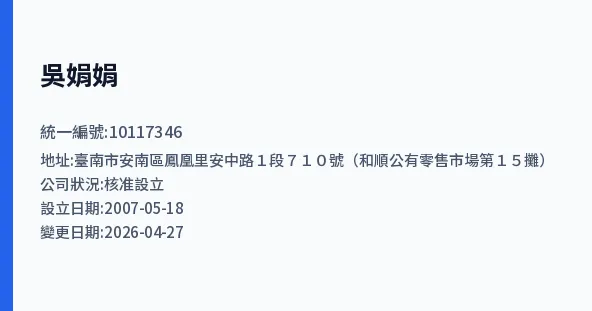 吳娟娟的照片-統編 10117346(臺南市) 公司登記資料與營業項目詳細圖表