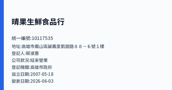 晴果生鮮食品行的照片-統編 10117535(高雄市) 公司登記資料與營業項目詳細圖表