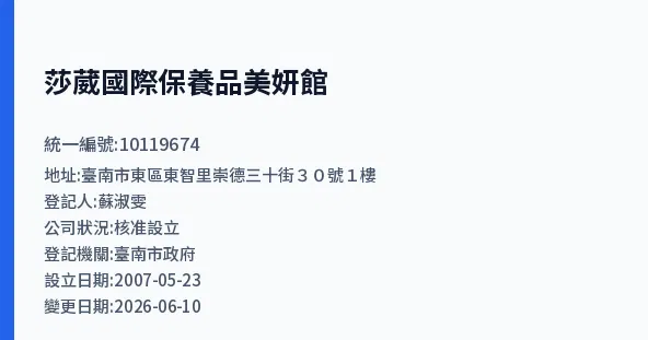莎葳國際保養品美妍館的照片-統編 10119674(臺南市) 公司登記資料與營業項目詳細圖表