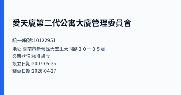 愛天廈第二代公寓大廈管理委員會的照片-統編 10122951(臺南市) 公司登記資料與營業項目詳細圖表