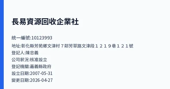 長易資源回收企業社的照片-統編 10123993(彰化縣) 公司登記資料與營業項目詳細圖表