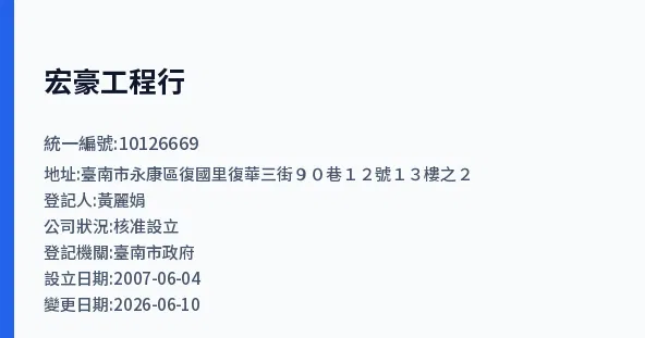 宏豪工程行的照片-統編 10126669(臺南市) 公司登記資料與營業項目詳細圖表