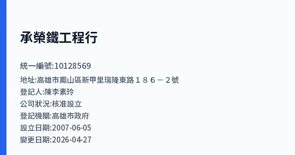 承榮鐵工程行的照片-統編 10128569(高雄市) 公司登記資料與營業項目詳細圖表