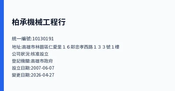 柏承機械工程行的照片-統編 10130191(高雄市) 公司登記資料與營業項目詳細圖表