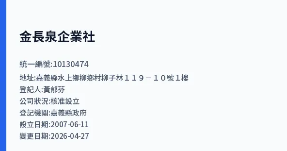 金長泉企業社的照片-統編 10130474(嘉義縣) 公司登記資料與營業項目詳細圖表