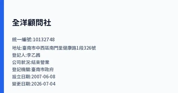 全洋顧問社的照片-統編 10132748(臺南市) 公司登記資料與營業項目詳細圖表