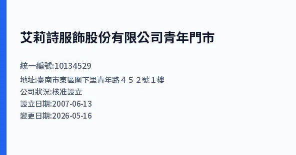 艾莉詩服飾股份有限公司青年門市的照片-統編 10134529(臺南市) 公司登記資料與營業項目詳細圖表