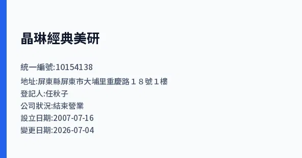 晶琳經典美研的照片-統編 10154138(屏東縣) 公司登記資料與營業項目詳細圖表