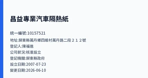 昌益專業汽車隔熱紙的照片-統編 10157521(屏東縣) 公司登記資料與營業項目詳細圖表