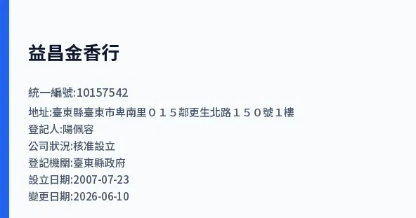 益昌金香行的照片-統編 10157542(臺東縣) 公司登記資料與營業項目詳細圖表