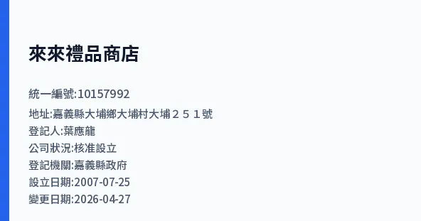 來來禮品商店的照片-統編 10157992(嘉義縣) 公司登記資料與營業項目詳細圖表