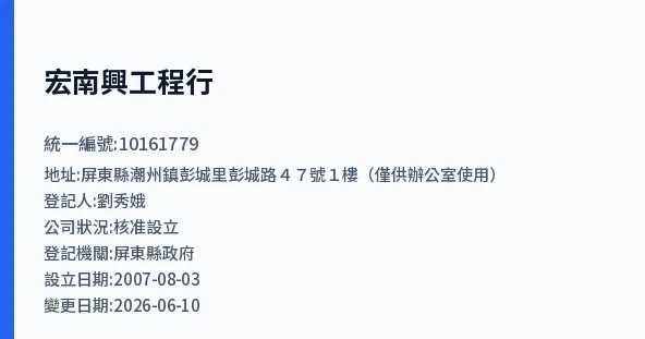 宏南興工程行的照片-統編 10161779(屏東縣) 公司登記資料與營業項目詳細圖表