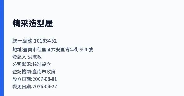 精采造型屋的照片-統編 10163452(臺南市) 公司登記資料與營業項目詳細圖表