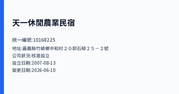 天一休閒農業民宿的照片-統編 10168225(嘉義縣) 公司登記資料與營業項目詳細圖表