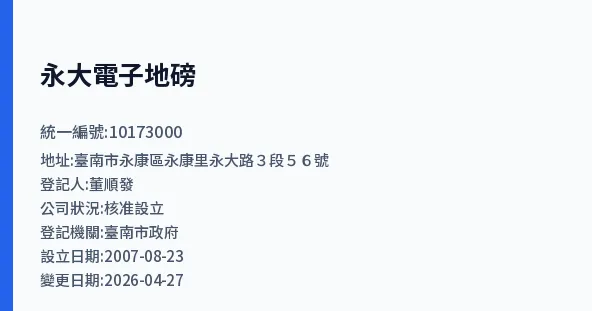永大電子地磅的照片-統編 10173000(臺南市) 公司登記資料與營業項目詳細圖表