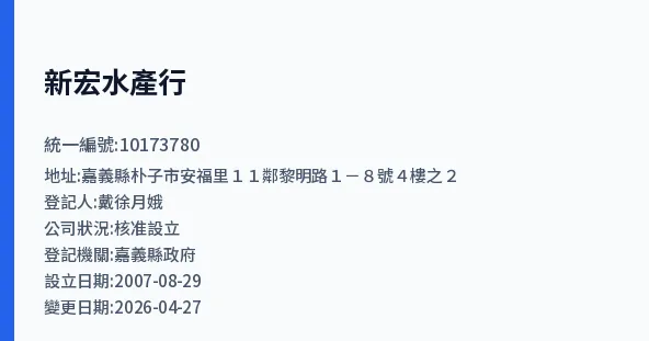 新宏水產行的照片-統編 10173780(嘉義縣) 公司登記資料與營業項目詳細圖表