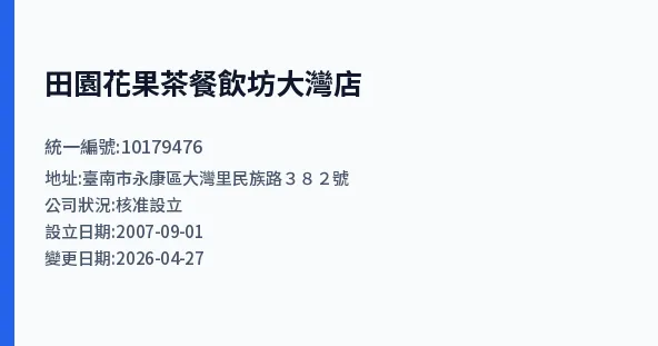 田園花果茶餐飲坊大灣店的照片-統編 10179476(臺南市) 公司登記資料與營業項目詳細圖表