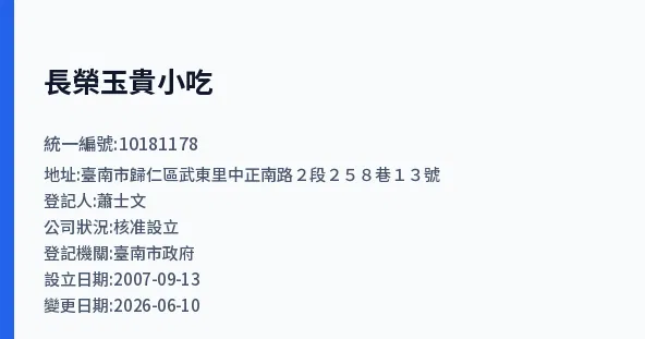 長榮玉貴小吃的照片-統編 10181178(臺南市) 公司登記資料與營業項目詳細圖表
