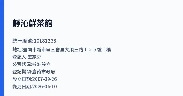 靜沁鮮茶館的照片-統編 10181233(臺南市) 公司登記資料與營業項目詳細圖表