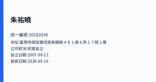 朱祐曉的照片-統編 10182036(臺南市) 公司登記資料與營業項目詳細圖表