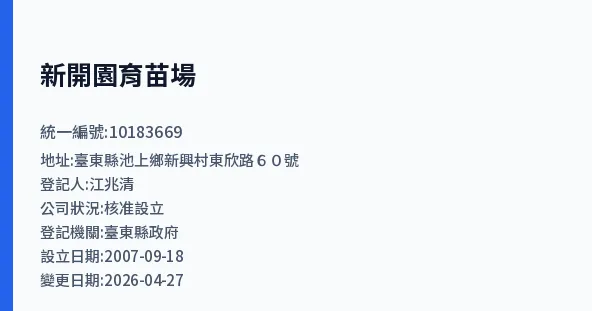 新開園育苗場的照片-統編 10183669(臺東縣) 公司登記資料與營業項目詳細圖表