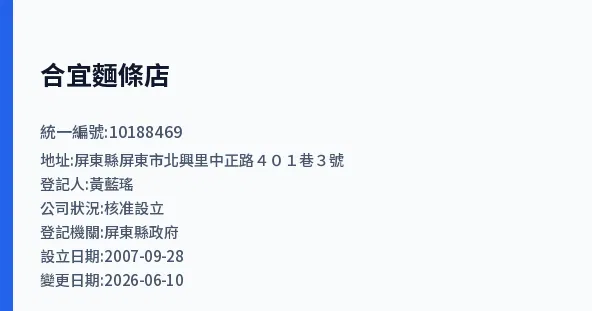 合宜麵條店的照片-統編 10188469(屏東縣) 公司登記資料與營業項目詳細圖表